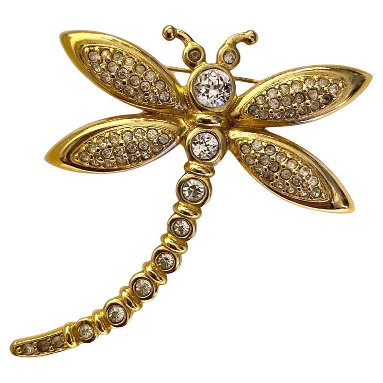 1980s Christian Dior Dragonfly Crystal Gold Tone Brooch For Sale at 1stDibs