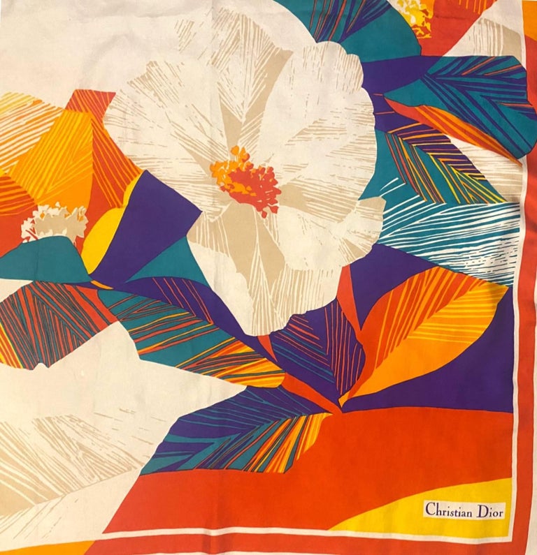 1980s Christian Dior Flower Multicolor Silk Scarf For Sale at 1stDibs