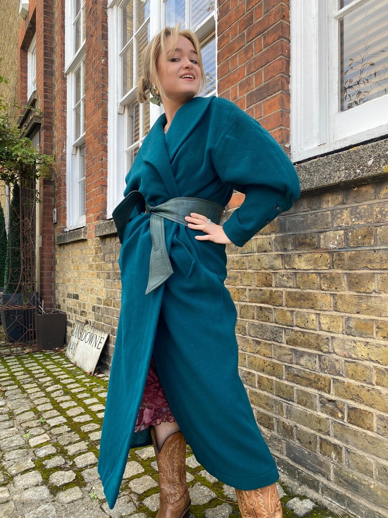 1980s Claude Montana Teal Green Wool Overcoat For Sale at 1stDibs