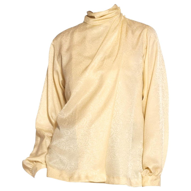 1980S Cream Polyester Jacquard Draped Blouse For Sale at 1stDibs
