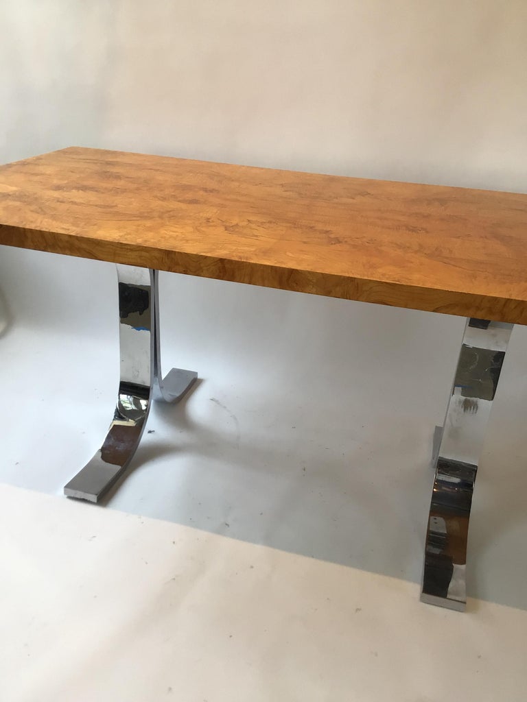 1980s Milo Baughman Style Burl Wood Dining Table / Desk with Chrome ...