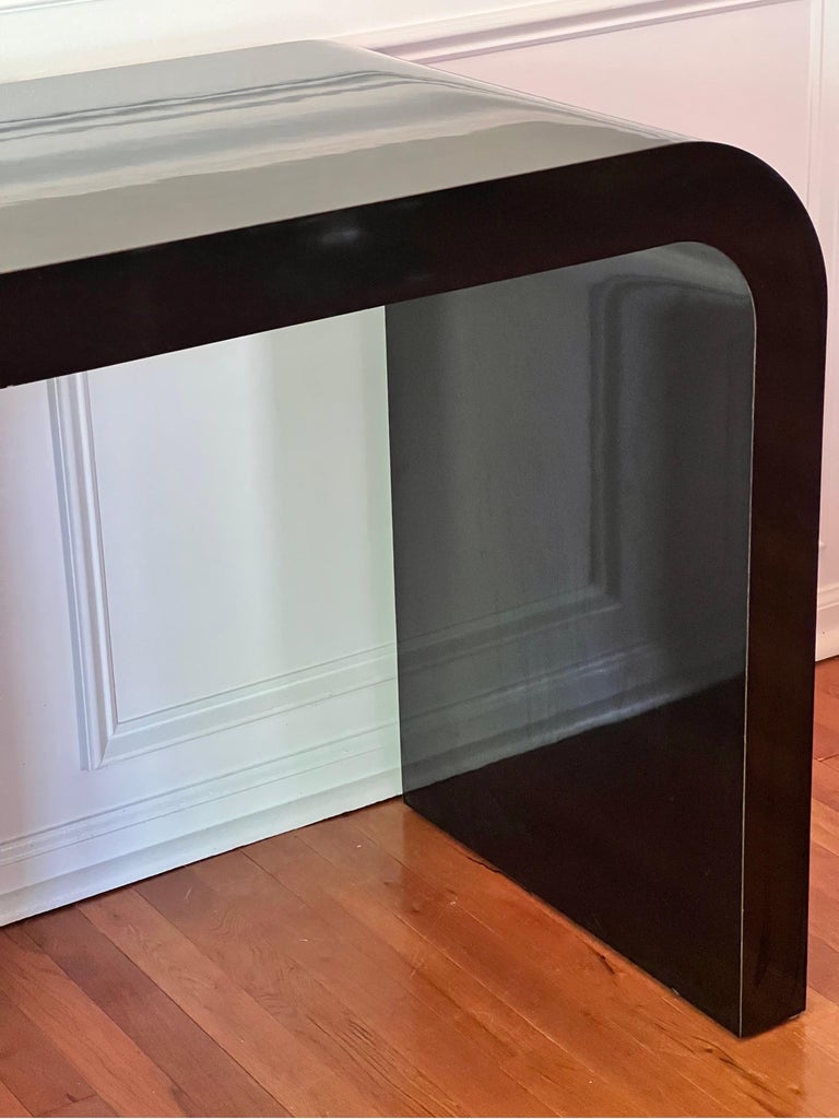 1980's Custom Waterfall Black Lacquer Console Table at 1stDibs
