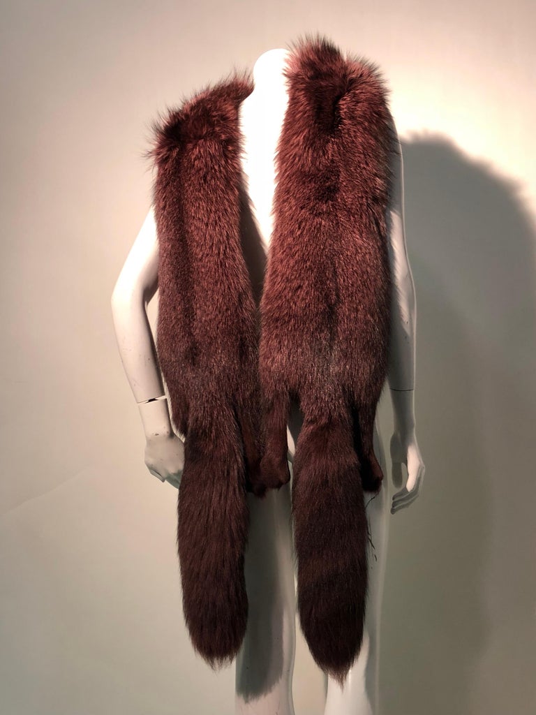 1980s Deep Plush Double Fox Stole Overdyed in Mauve W/ Head Tails and ...