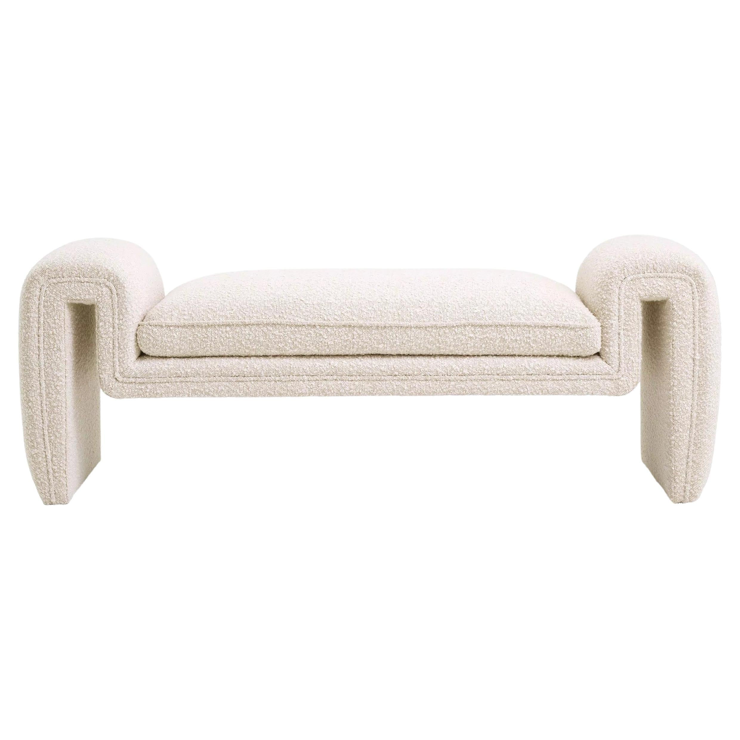 1980s Design Style Beige Bouclé Fabric Curved and Graphic Bench For ...