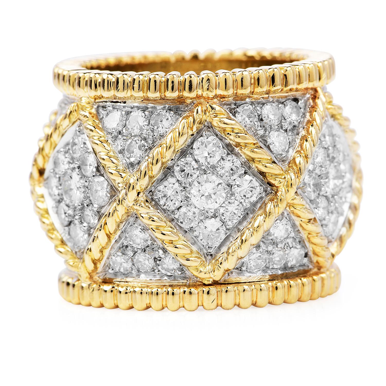 1980's Designer Diamond 18K Gold Elegant Wide Eternity Band Ring For ...