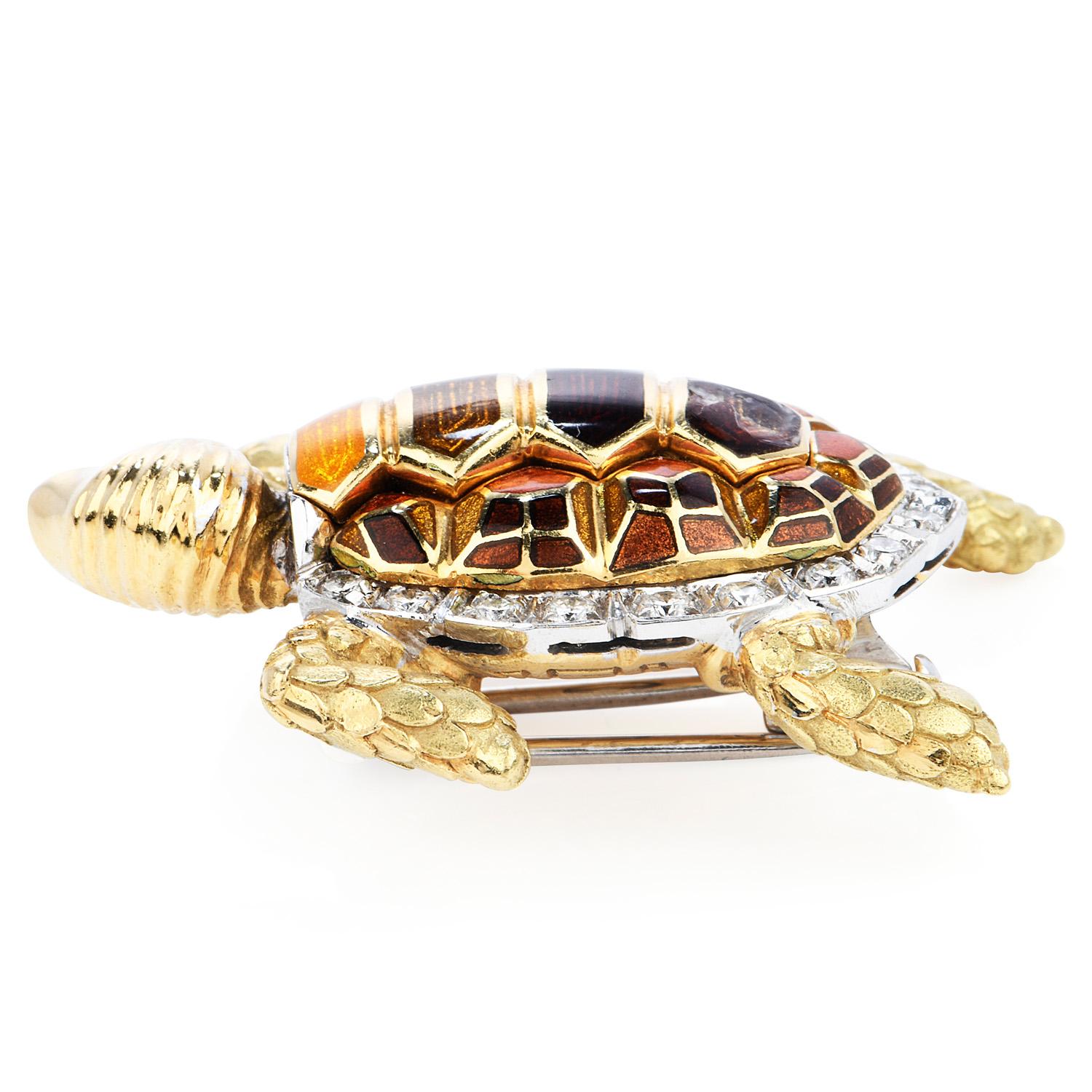 1980's Diamond Enamel 18k Gold Turtle Brooch Pin For Sale at 1stDibs