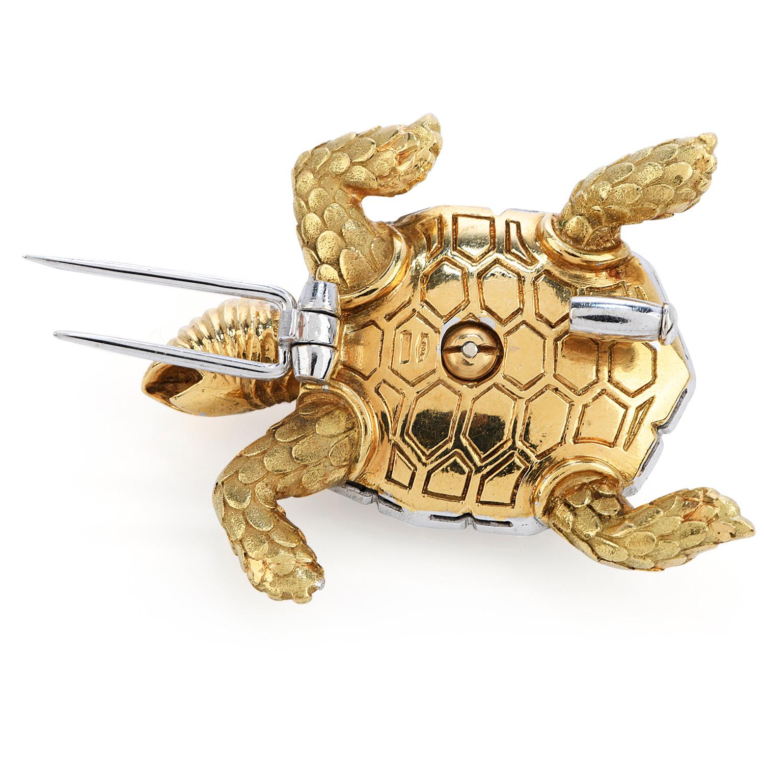 1980's Diamond Enamel 18k Gold Turtle Brooch Pin For Sale at 1stDibs