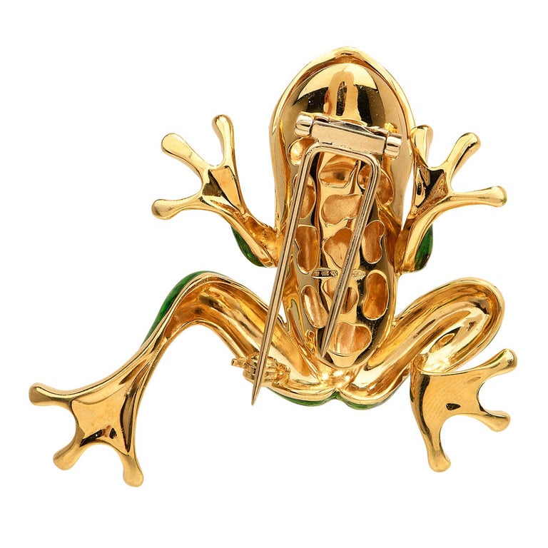 1980's Diamond Ruby 18k Gold Green Enamel Frog Brooch Pin at 1stDibs