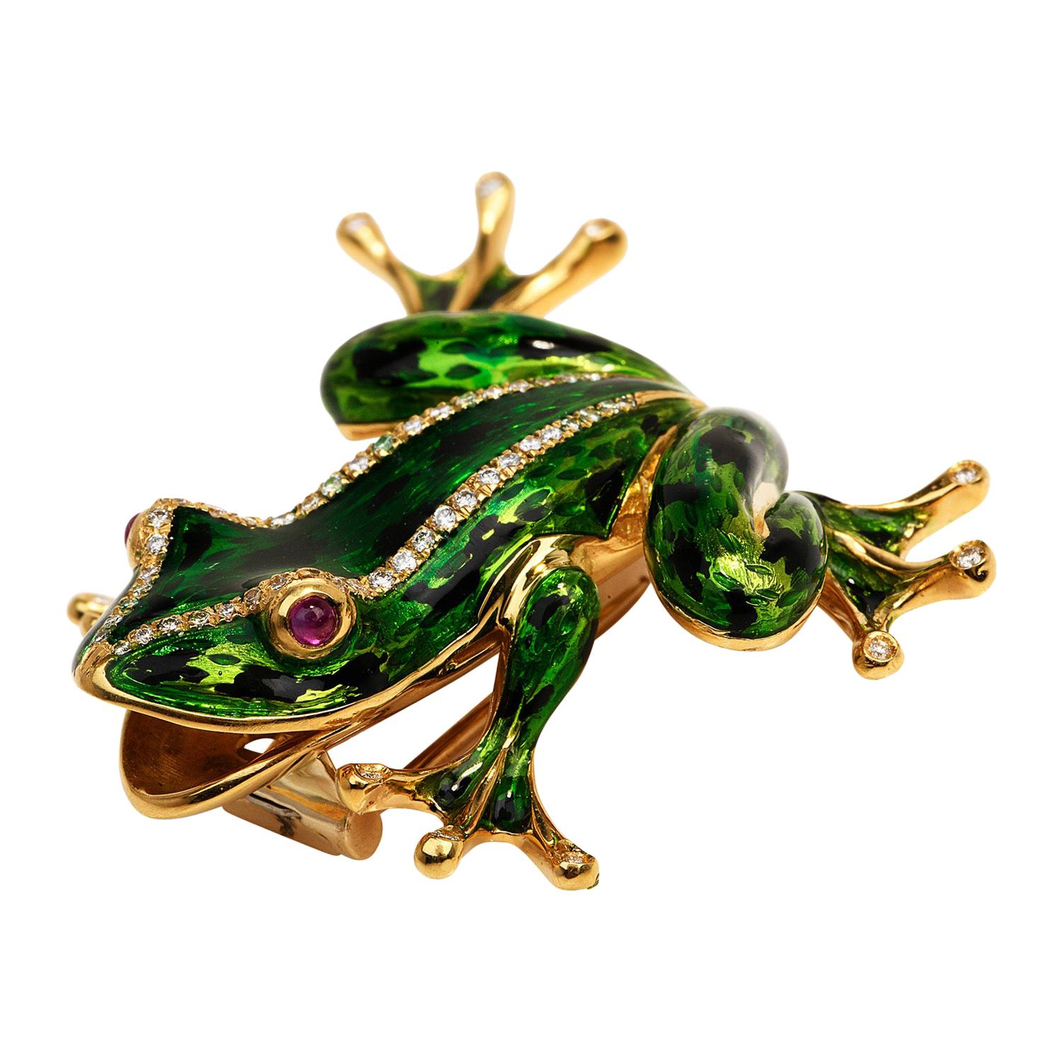 1980's Diamond Ruby 18k Gold Green Enamel Frog Brooch Pin at 1stDibs