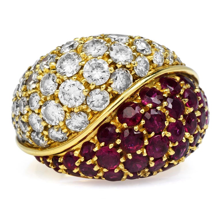1980's Diamond Ruby 18K Gold Italian Bypass Cluster Dome Cocktail Ring For Sale at 1stDibs