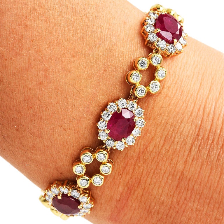 1980s Diamond Ruby 18k Yellow Gold Flower Halo Link Bracelet For Sale