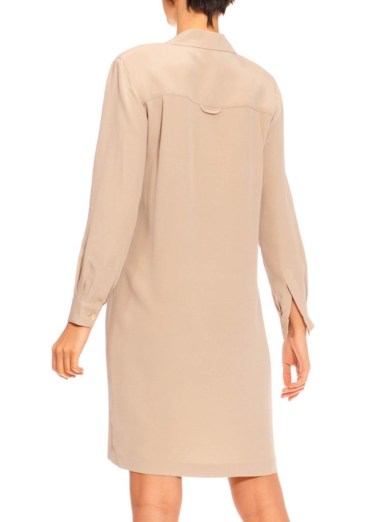 1980S Ecru Silk Crepe Shirt Dress With Shell Buttons For Sale at 1stDibs