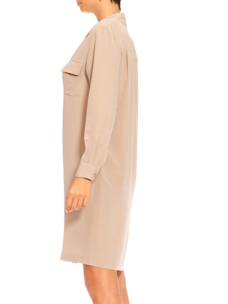 1980S Ecru Silk Crepe Shirt Dress With Shell Buttons For Sale at 1stDibs
