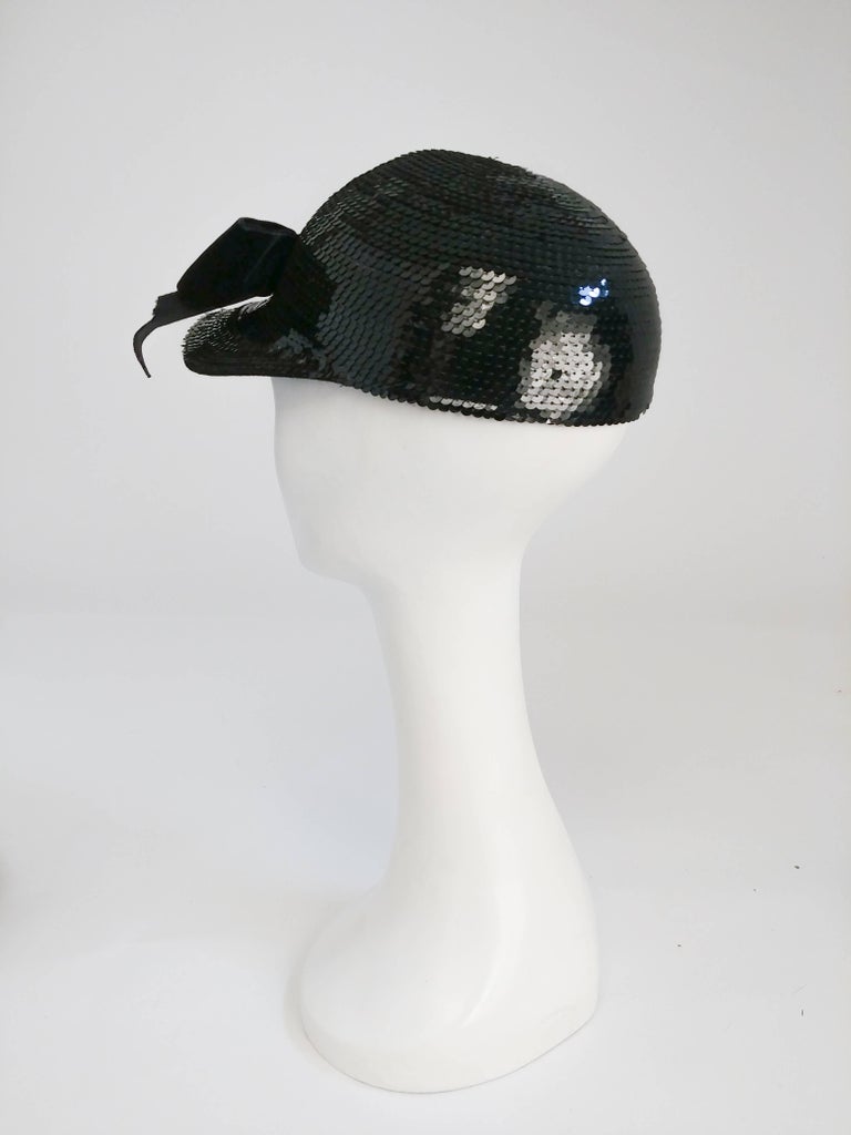 Eric Javits Black Sequin Cap with Velvet Bow, 1980s at 1stDibs