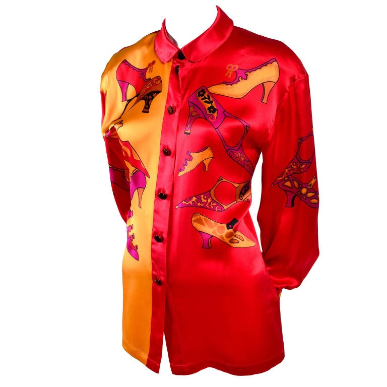 1980s Escada Blouse in Silk Novelty Print w Stylized Shoes in Red Pink ...