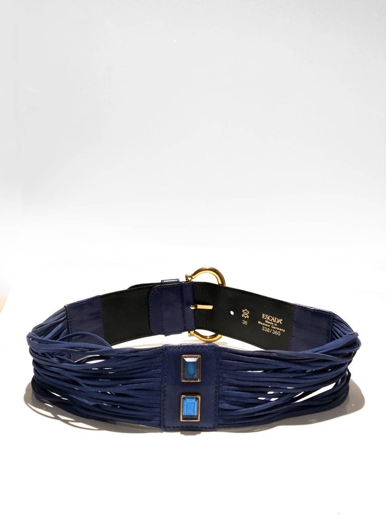 1980s Escada Bright Blue rhinestone suede leather fringe high waisted ...