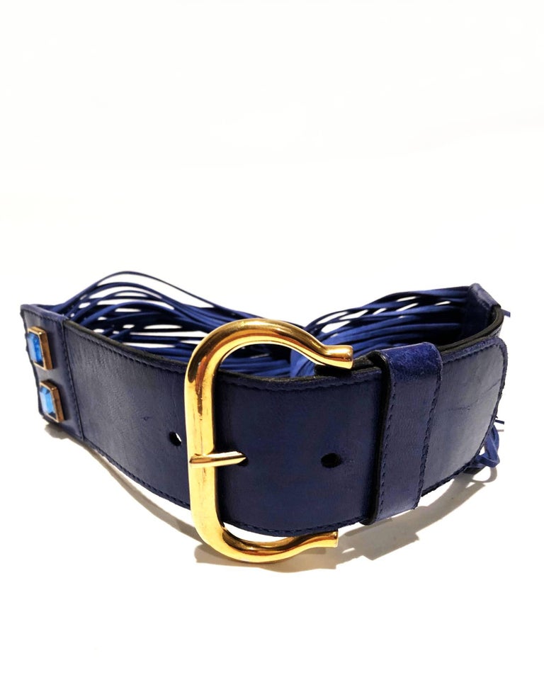 1980s Escada Bright Blue rhinestone suede leather fringe high waisted ...