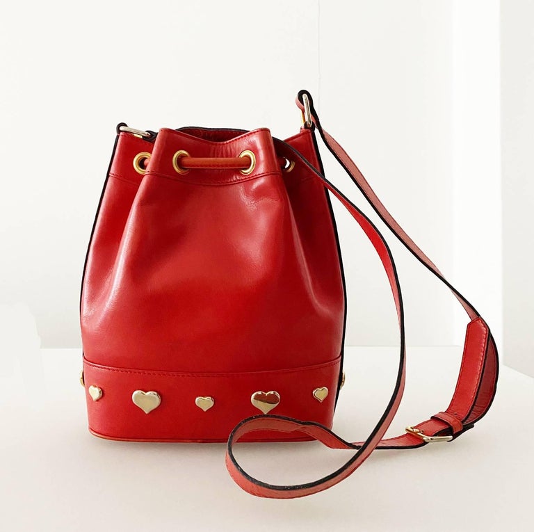 1980s Escada Red Leather Gold Metal Heart Drawstring Bag at 1stDibs