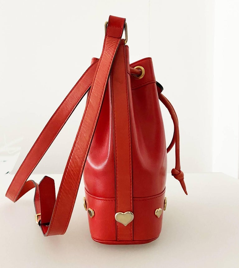 1980s Escada Red Leather Gold Metal Heart Drawstring Bag at 1stDibs