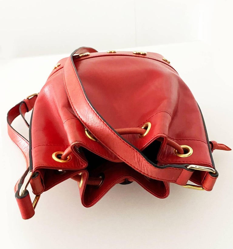 1980s Escada Red Leather Gold Metal Heart Drawstring Bag at 1stDibs
