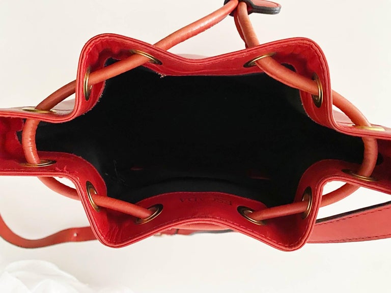 1980s Escada Red Leather Gold Metal Heart Drawstring Bag at 1stDibs