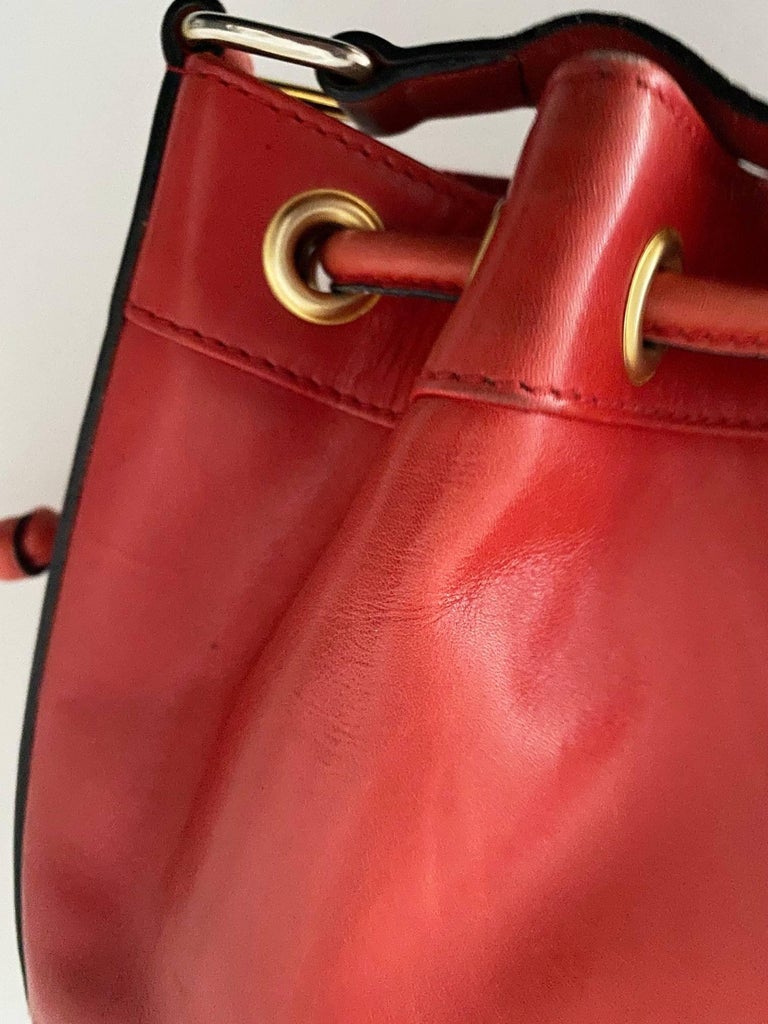 1980s Escada Red Leather Gold Metal Heart Drawstring Bag at 1stDibs