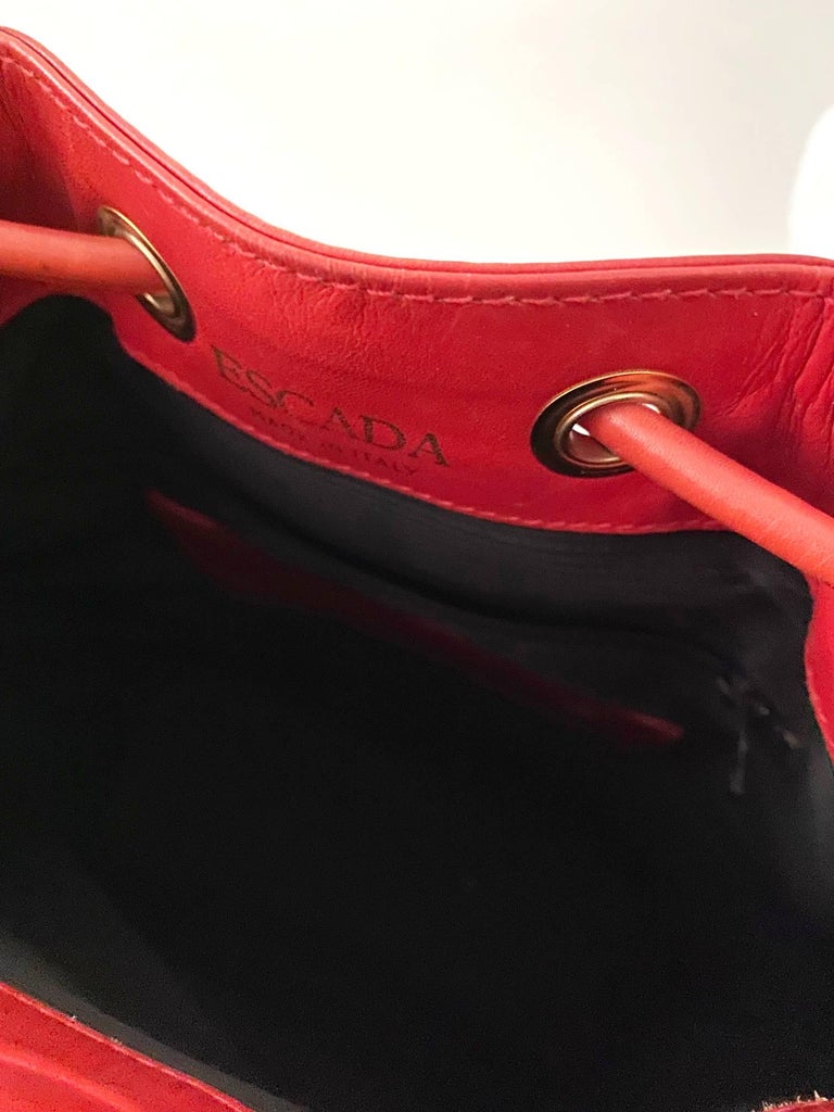 1980s Escada Red Leather Gold Metal Heart Drawstring Bag at 1stDibs