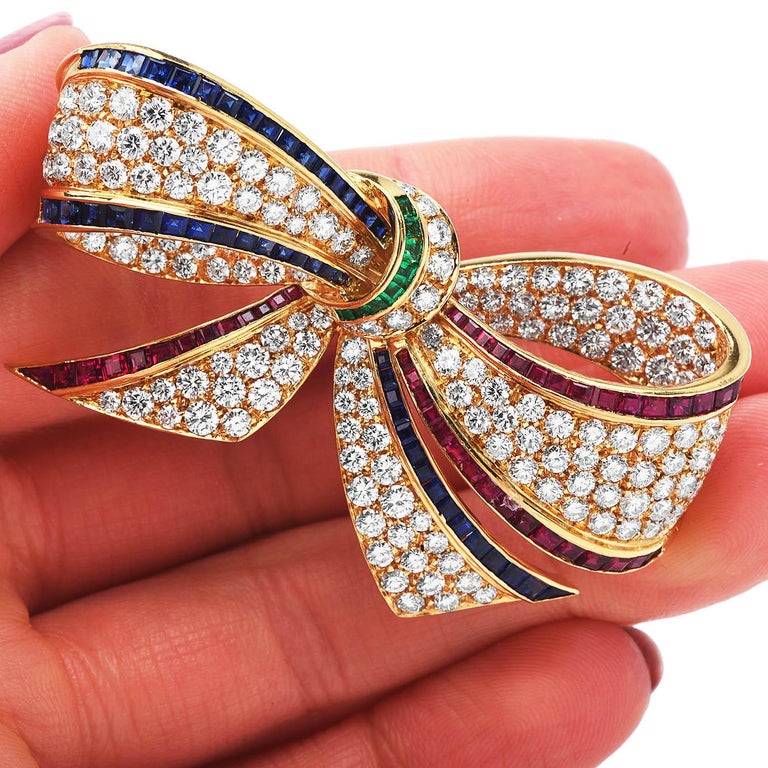 1980s, Exceptional Large Diamond Multi Gem 18k Gold Bow Pin Brooch For ...