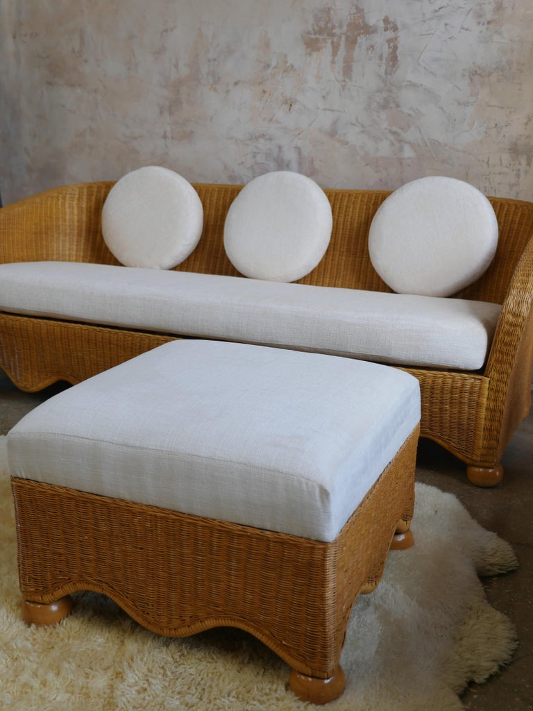 1980s Ficks Reed Rattan Scalloped Wicker Sofa and Ottoman For Sale at ...