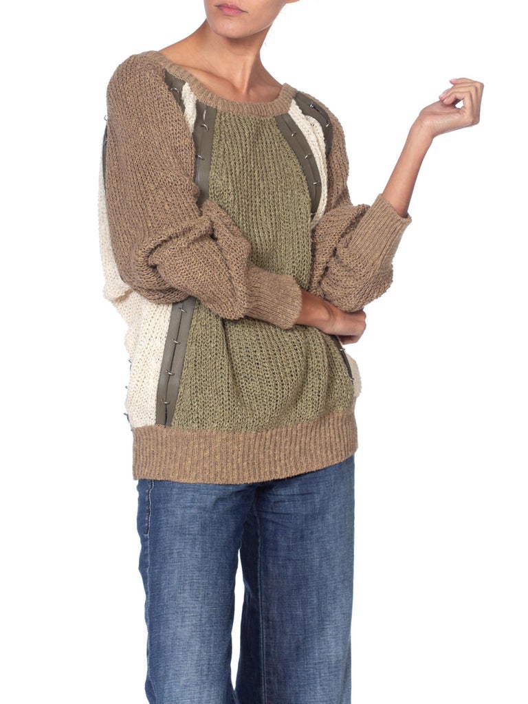 1980'S Camel and Olive Green Flax Knit Raglan Sleeve Sweater With ...