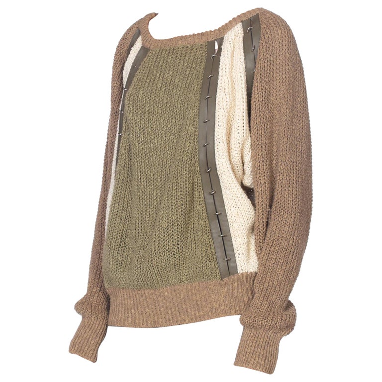 1980'S Camel and Olive Green Flax Knit Raglan Sleeve Sweater With ...