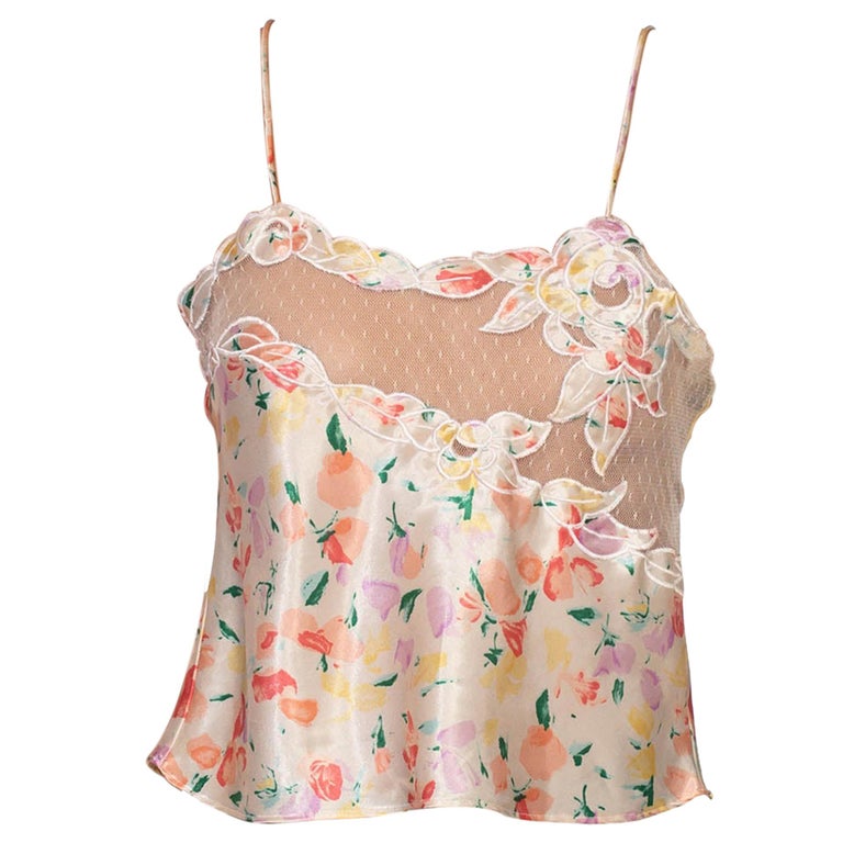 1980S Floral Print Polyester Charmeuse and Lace Camisole at 1stDibs