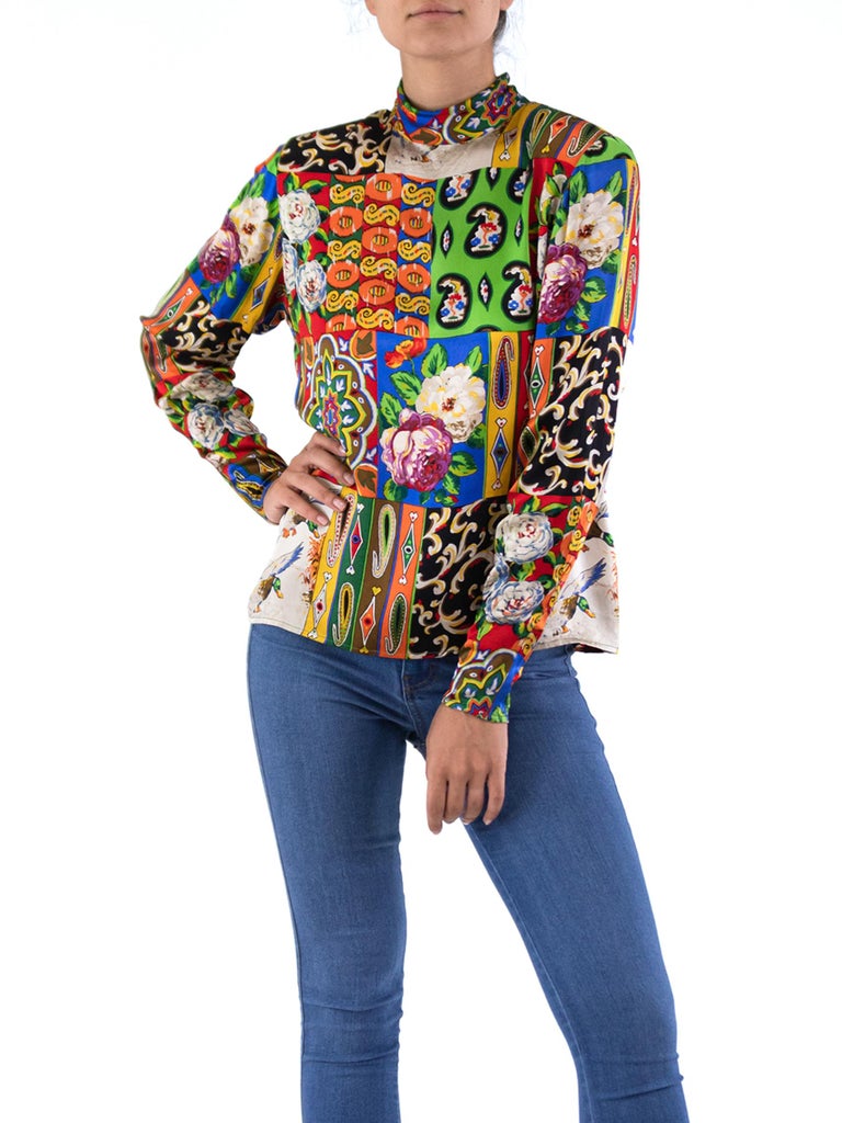1980'S Floral Tile Print Blouse For Sale at 1stDibs
