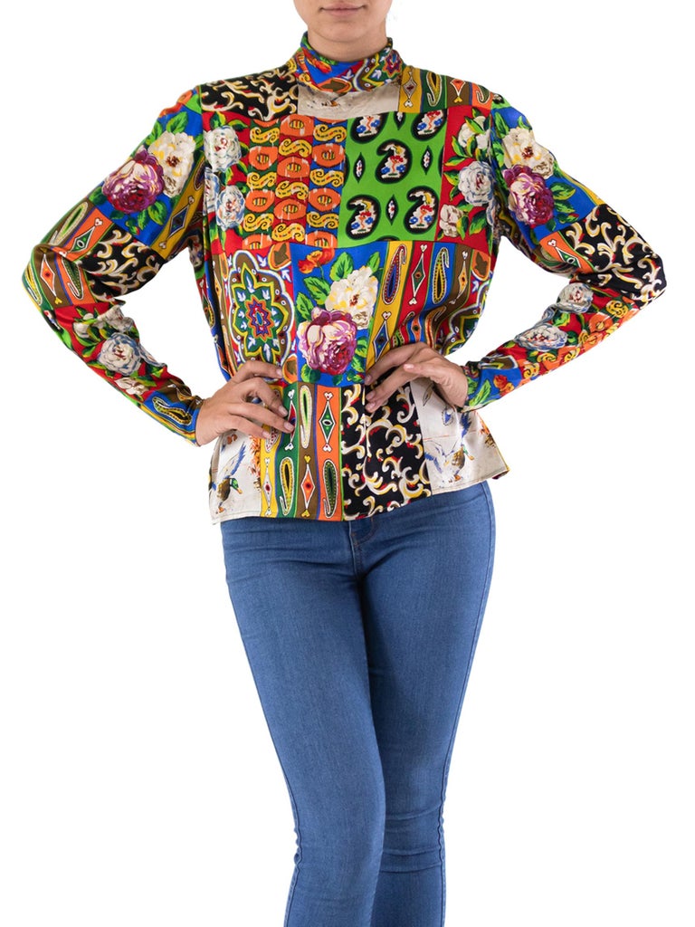 1980'S Floral Tile Print Blouse For Sale at 1stDibs