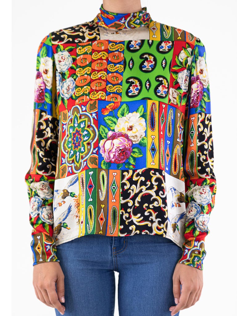 1980'S Floral Tile Print Blouse For Sale at 1stDibs
