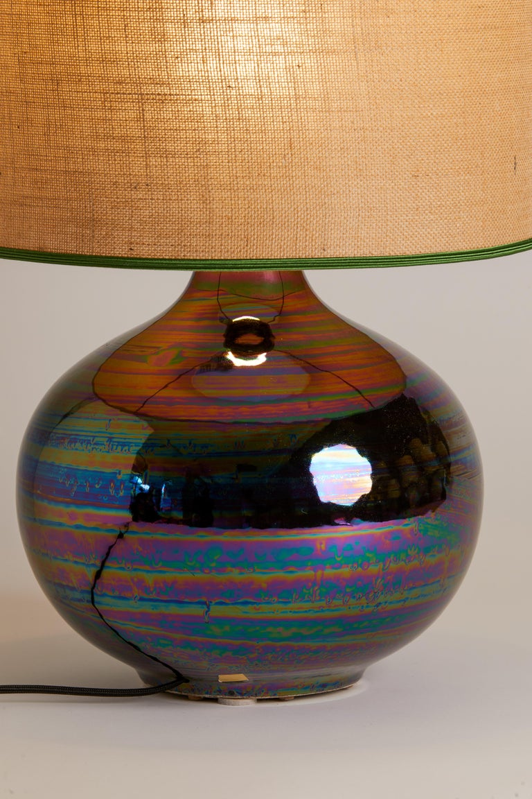 1980s French Rainbow Pottery Lamp with Custom Shade For Sale at 1stDibs