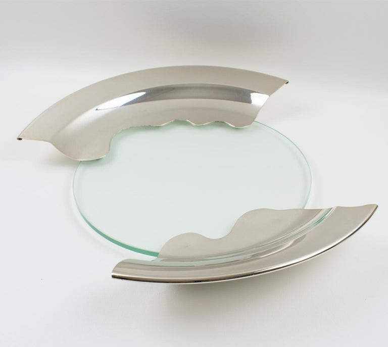 1980s Futurist Silver Plate Glass Platter Bowl Centerpiece at 1stDibs