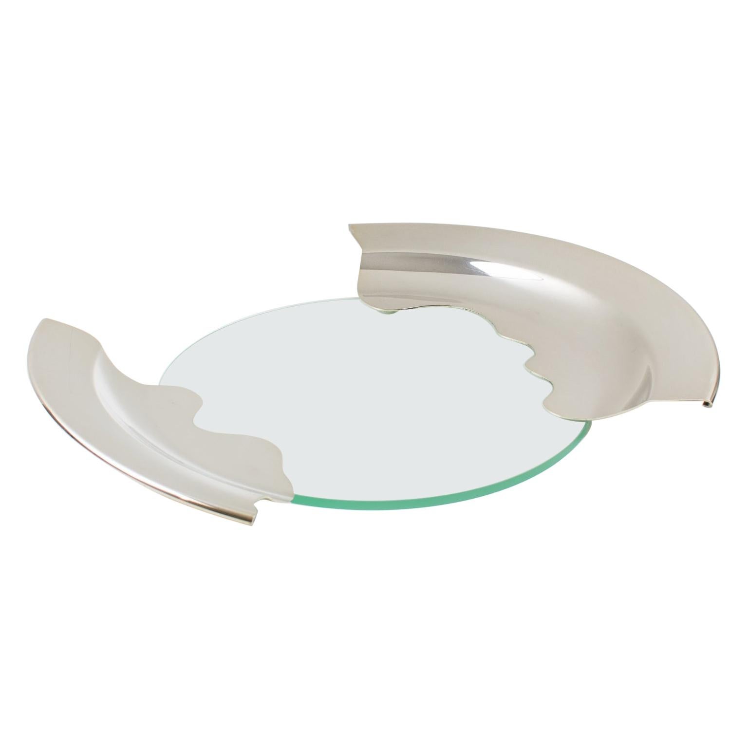 1980s Futurist Silver Plate Glass Platter Bowl Centerpiece at 1stDibs
