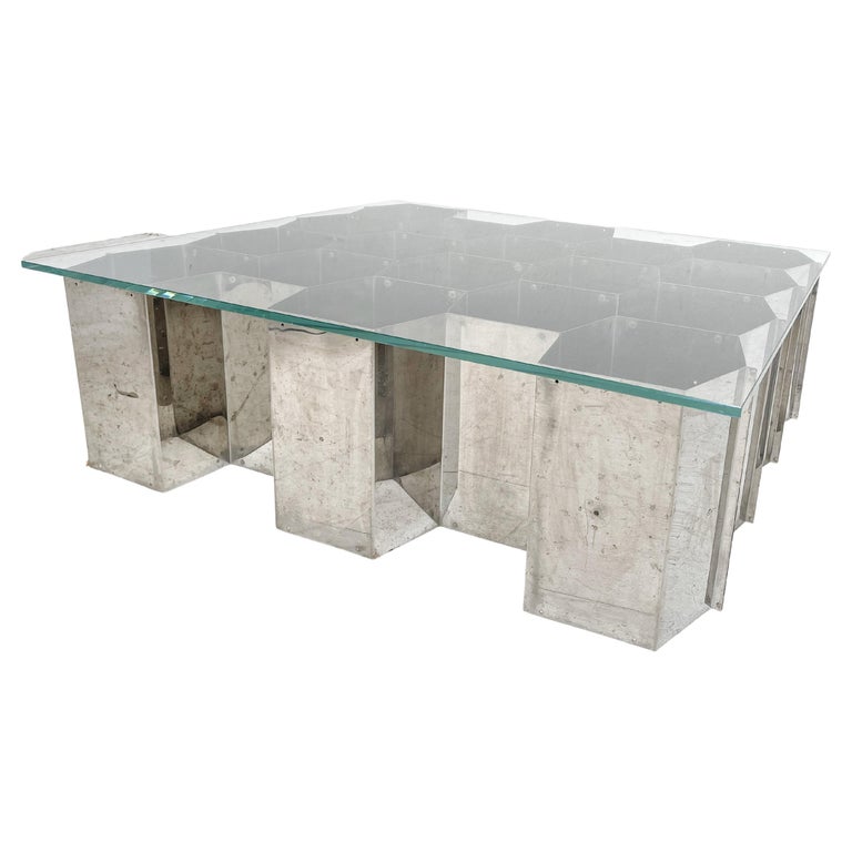 1980's Geometrical Metal and Glass Coffee Table For Sale at 1stDibs