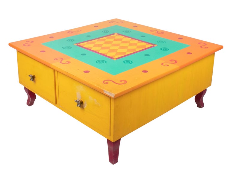 1980s German Yellow Coffee Table with Drawers For Sale at 1stDibs