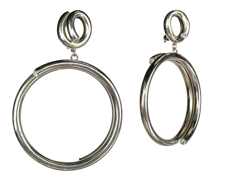 1980s Gianni Versace Silver Tone Crystal Hoop Clip On Earrings For Sale ...