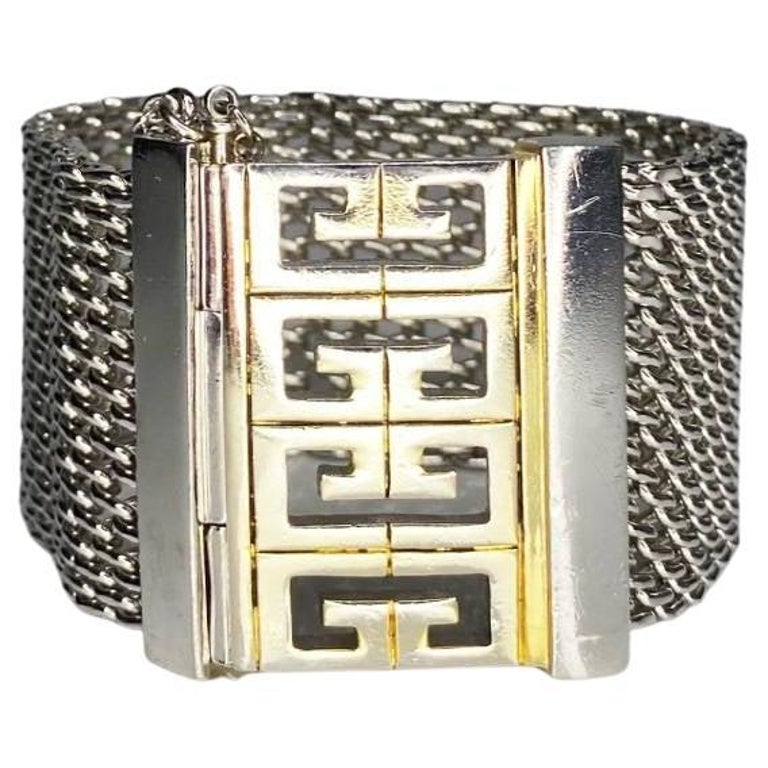 1980s Givenchy Mesh Silver-Tone Logo Bangle Cuff For Sale at 1stDibs