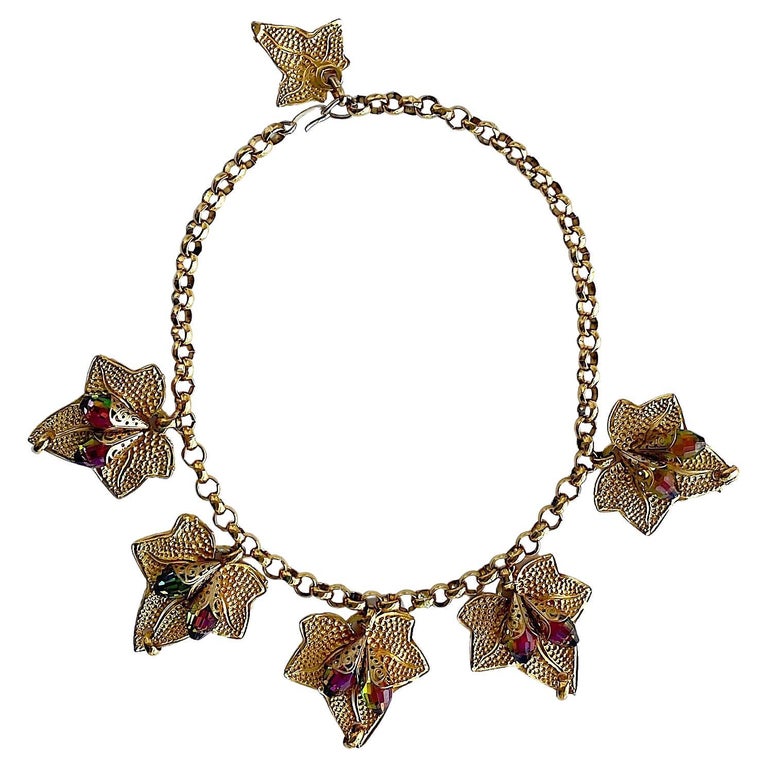 1980s Gold and Crystal Ivy Leaf Pendant Statement Necklace For Sale at ...