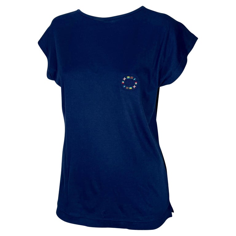 1980s Gucci Flag GG Logo Embroidered Navy Blue Cap Sleeve Tank T-Shirt ...