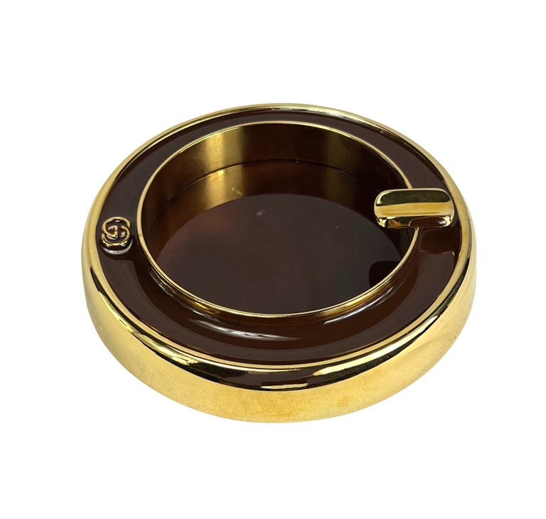 1980s Gucci Gold-Tone Brown Enamel 'GG' Ashtray at 1stDibs