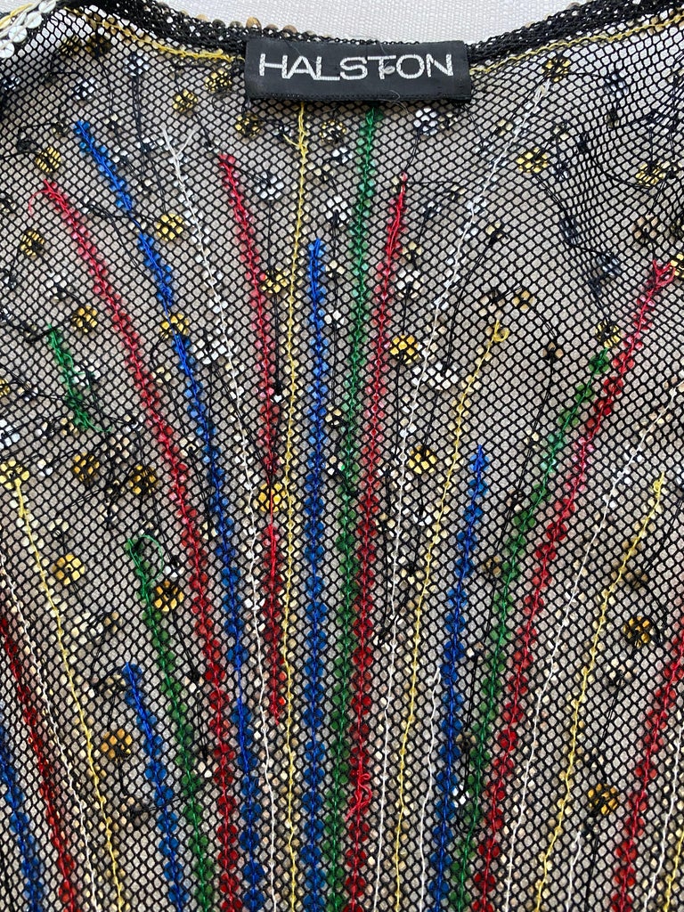 1980s Halston Multi Color Sequin Mesh Cardigan Jacket and Black Velvet Skirt Set For Sale at 1stDibs