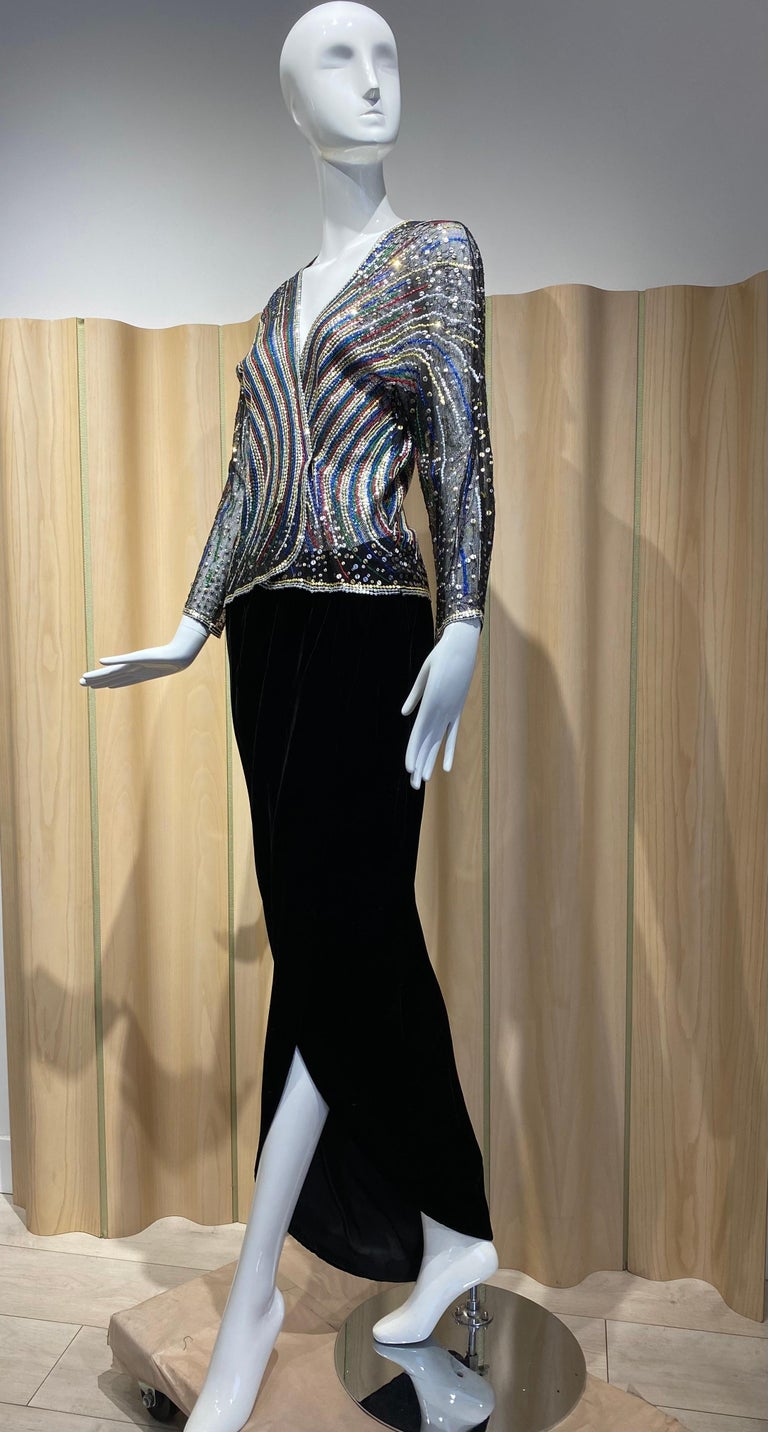 1980s Halston Multi Color Sequin Mesh Cardigan Jacket and Black Velvet Skirt Set For Sale at 1stDibs