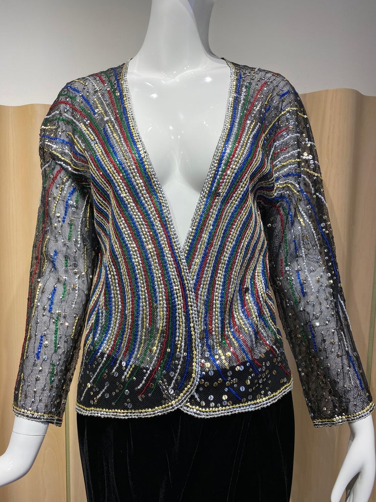1980s Halston Multi Color Sequin Mesh Cardigan Jacket and Black Velvet Skirt Set For Sale at 1stDibs