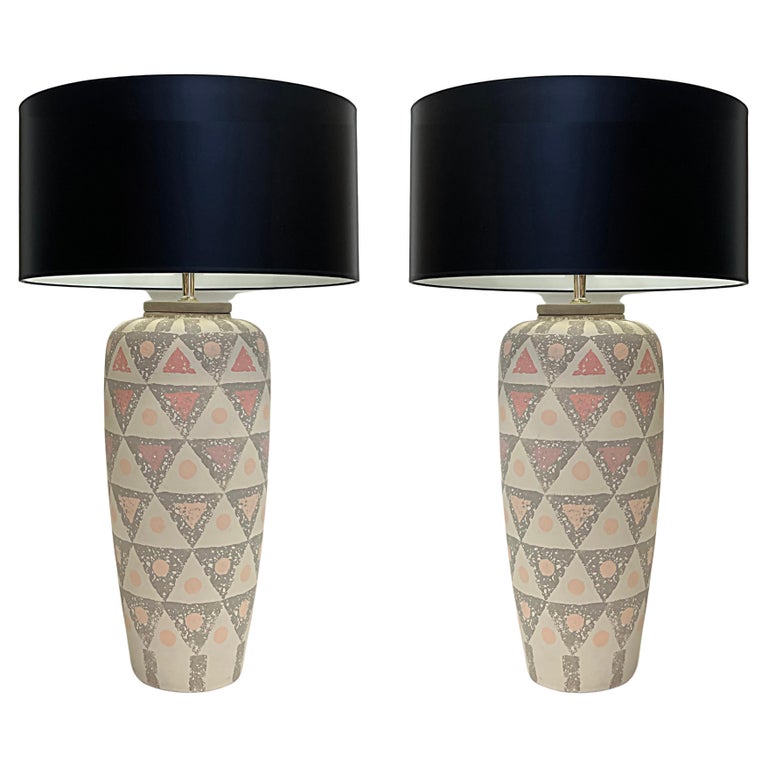 1980s, Hand Painted Geometric Design Pottery Table Lamps, Pair For Sale ...