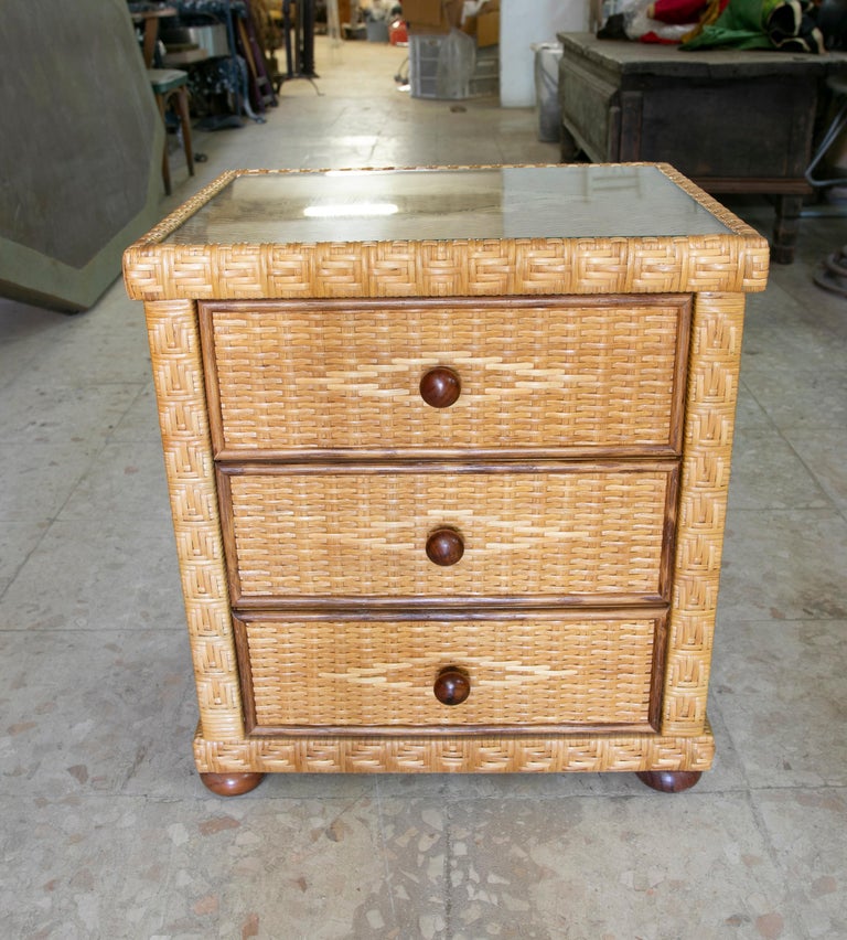 1980s Handmade Wicker Sidetable with Three Drawers For Sale at 1stDibs